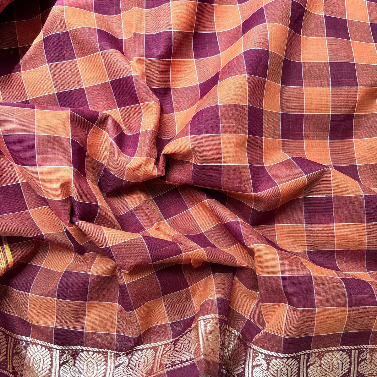 Brown classic Madras Checks in Pure Chettinad Saree – Studio Thari